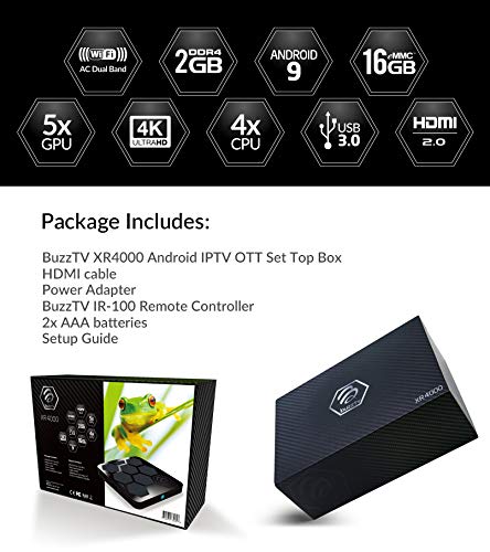 BuzzTV XR4000 - Android 9.0 IPTV Set-Top Box with IR-100 Remote - Faster Than Ever Before - 4K Ultra HD - 2GB RAM 16GB Storage - Latest Graphics Processor - Dual Band WiFi