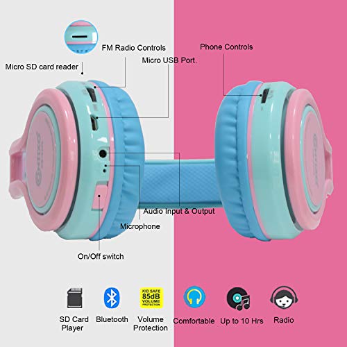 Contixo KB-2600 Cotton Candy Color Kids Headphones - Wireless Headphones for Kids - Premium Sound Limit - Long Lasting Battery - Built-in Mic - Children Bluetooth Headphones for Boys Girls (Blue Pink)