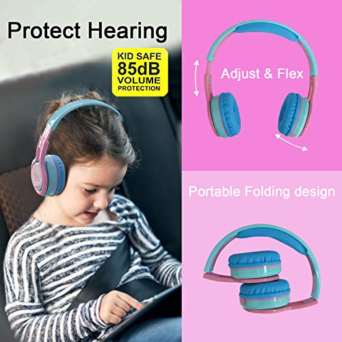 Contixo KB-2600 Cotton Candy Color Kids Headphones - Wireless Headphones for Kids - Premium Sound Limit - Long Lasting Battery - Built-in Mic - Children Bluetooth Headphones for Boys Girls (Blue Pink)