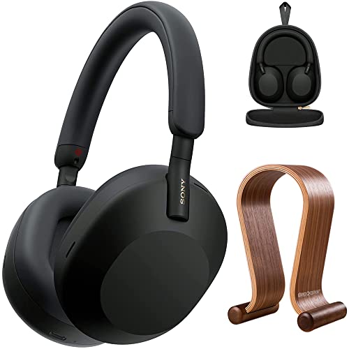 Sony WH-1000XM5 Wireless Industry Leading Noise Canceling Headphones, Black Bundle with Deco Gear Wood Headphone Display Stand and Protective Travel Carry Case