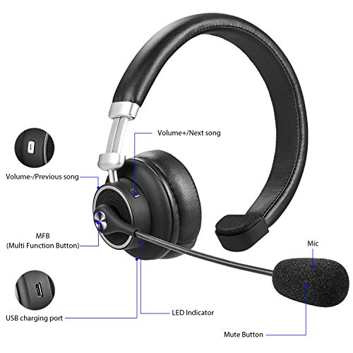 BHM91Series Bluetooth Wireless Headset with Mic.Great for Zoom and Skype Meeting(Flexible Noise Cancelling Mic) Clear Sound Comfort Wearing/Headset for Office Home Business Trucker Driver by LUXMO