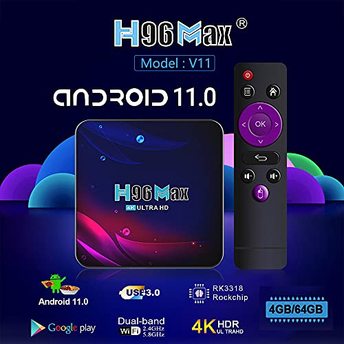 Smart TV Box 4G+64GB H96 Max Android 11.0 RK3318 Quad-Core with 2.4G WiFi 4K Ultra HD H.265 Streaming Media Player