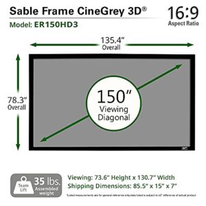 Elite Screens Sable Frame CineGrey 3D, 150-inch Diagonal 16:9, 8K 4K Ultra HD Ready Ceiling and Ambient Light Rejecting Fixed Frame Projector Screen, CineGrey 3D Projection Material, ER150DHD3