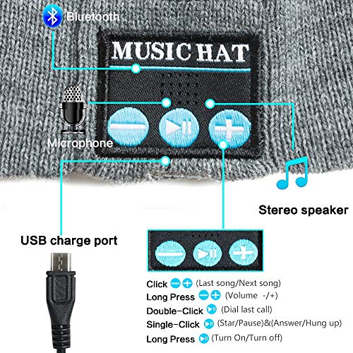 BioRing, Unisex Beanie Hat with Bluetooth Headphones Earphones, Music Hat with Mic. Compatible with All iPhone Samsung Android iPad iPod PC, Handsfree for Phone Call and Sports (Gray)