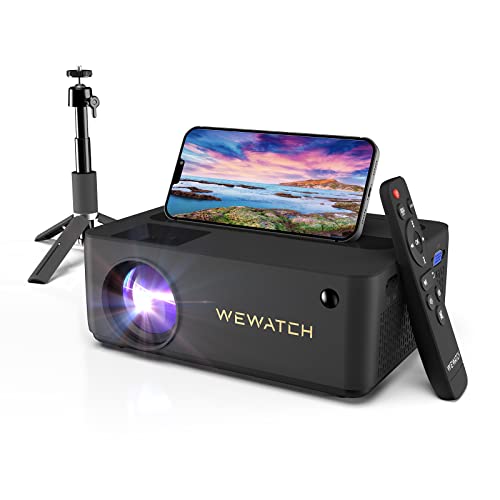 WEWATCH Native 1080P Mini Projector, 13500 Lumens Portable WiFi Bluetooth Projector, with 12 inch Tripod Stand, Movie Projector for Home Outdoor Compatible with TV Stick, HDMI, iOS Android