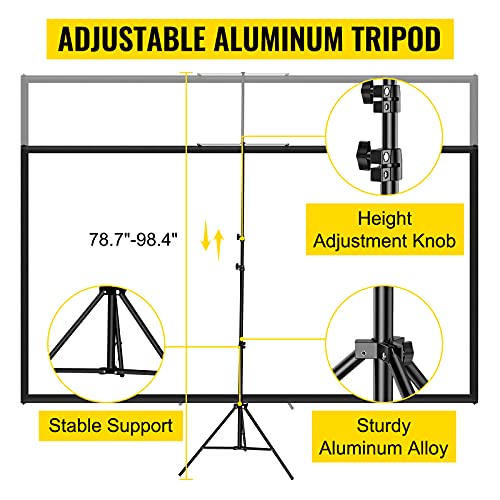 VEVOR Tripod Projector Screen with Stand 90 inch 16:9 4K HD Projection Screen Stand Wrinkle-Free Height Adjustable Portable Screen for Projector Indoor & Outdoor for Movie, Home Cinema, Gaming, Office