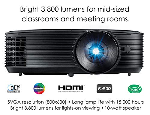 Optoma S334e SVGA Bright Professional Projector Lights On Viewing with 3,800 Lumens Latest DLP Technology Business Presentations Classrooms or Home 15,000 hour lamp life Speaker Built In Portable Size