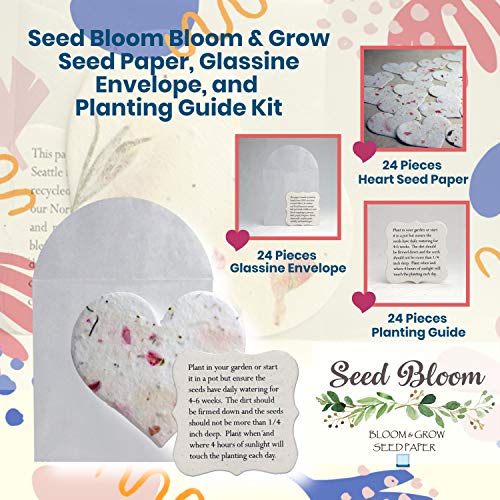 Seed Bloom 72-Piece Set Handmade Bloom & Grow Seed Paper Wildflower Seeds Embedded Recycled Seeded Paper Gift Tags Gift Cards Stationery & Gift Wrapping Supplies (Hearts, Envelope, & Planting Guide)