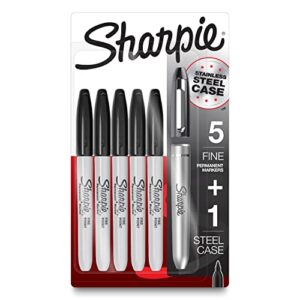 sharpie permanent markers with stainless steel marker case, fine point, black, 6 count