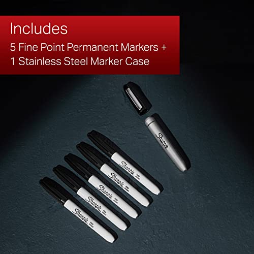 SHARPIE Permanent Markers with Stainless Steel Marker Case, Fine Point, Black, 6 Count