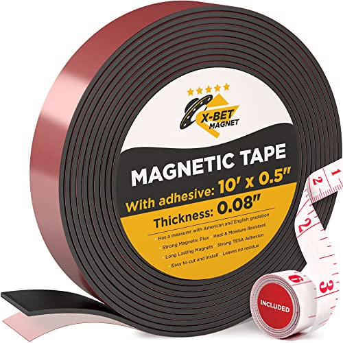 Flexible Magnetic Tape - Magnetic Strip with Strong Self Adhesive - Ideal Magnetic Roll for Craft and DIY Projects - Sticky Magnets for Fridge and Dry Erase Board (1/2 Inch x 10 Ft)