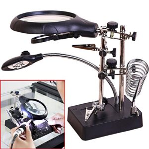 aoraem led light helping hands magnifier station,2.5x 7.5x 10x magnifying glass soldering with clamp and alligator clips desktop magnifer stand for craft carving jewelry