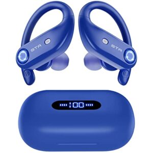 stador bluetooth headphones 4-mics clear call 100hrs playtime with 2200mah wireless charging case wireless earbuds sweatproof waterproof over ear earphones for sports running workout gaming blue