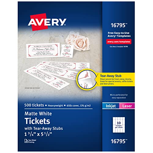 Avery Matte White Printable Tickets with Tear-Away Stubs, 1-3/4 x 5-1/2, Pack of 500 (16795)