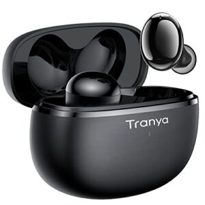 tranya t20 wireless earbuds, premium sound with deep bass, 8h playtime, 4-microphones design for call, bluetooth earbuds with low latency game mode, ipx7 waterproof headphones for sports, black