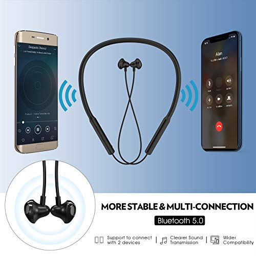 Wireless Neckband Headphones, Bluetooth 5.0 Lightweight Stereo Earbuds with Magnetic, Best Wireless Sports Stereo Sweatproof Headset with Mic Compatible with iPhone for Running Sports (Black)