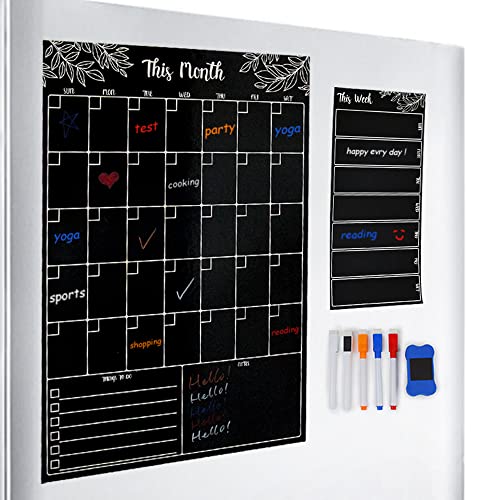 Magnetic Calendar for Fridge| 12” x 17” Monthly and 5” x 10” Weekly Reusable Planners| Magnetic Dry Erase Board Include 5 Dry Erase Markers and Eraser