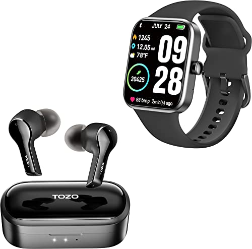 TOZO T9 True Wireless Earbuds Environmental Noise Cancellation 4 Mic Call Noise Cancelling & TOZO S2 44mm 2023 Smart Watch Alexa Built-in Fitness Tracker