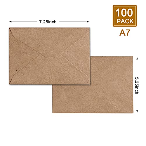 100 Pack Invitation Envelopes-A7 Brown Kraft Invitation Envelopes Used for 5x7 Cards Used for Weddings,Invitations, Baby shower, Office