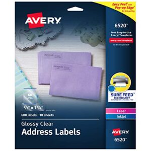 avery glossy crystal clear return address labels for laser & inkjet printers, 2/3″ x 1-3/4″ 600 labels (6520)