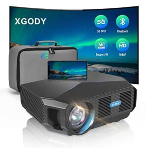 xgody portable projector a4300 native 1080p hd projector 9200l 5g wifi projector bluetooth home theater video projector with storage bag remote control support hdmi, vga, usb, phone mirror link black