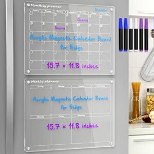 npplus acrylic magnetic monthly and weekly calendar for fridge,2 set clear magnetic dry erase board calendar for fridge, reusable planner whiteboard calendar includes 6 markers 3 colors