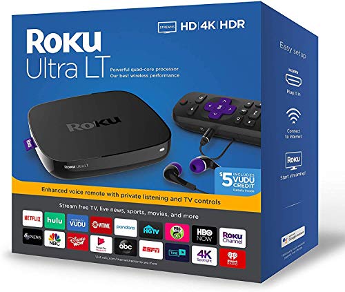 Roku Ultra LT 4K/HDR/HD Streaming Player with Enhanced Voice Remote, Ethernet, MicroSD with Premium 6FT 4K Ready HDMI Cable (Renewed)