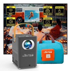 portable wifi bluetooth projector, jimtab v1 outdoor projector full hd 1080p supported, mini movie projector with foldable carry bag dual speakers surround sound (with blue foldable bag)