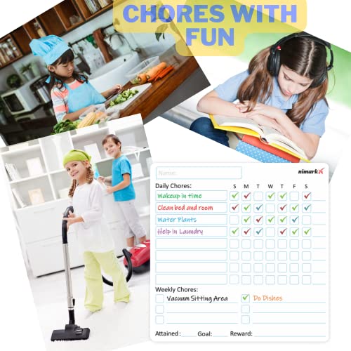 NIMARKX Magnetic Chore Chart Bundle for Multiple Kids: Customizable 2 Reward Charts, 1 to-Do List, 6 Dry Erase Markers - Impart Responsibility to Family Teen Toddler & Adults with Behavior Board