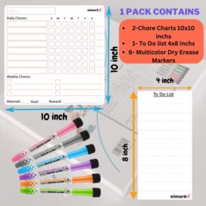 NIMARKX Magnetic Chore Chart Bundle for Multiple Kids: Customizable 2 Reward Charts, 1 to-Do List, 6 Dry Erase Markers - Impart Responsibility to Family Teen Toddler & Adults with Behavior Board