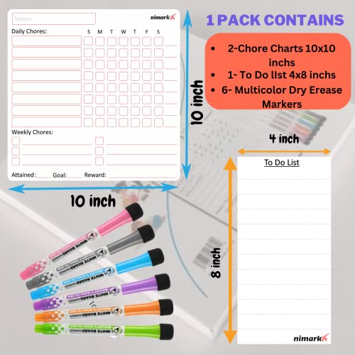 NIMARKX Magnetic Chore Chart Bundle for Multiple Kids: Customizable 2 Reward Charts, 1 to-Do List, 6 Dry Erase Markers - Impart Responsibility to Family Teen Toddler & Adults with Behavior Board