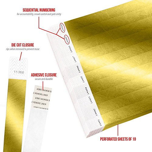 WristCo Deep Metallic Gold Tyvek Wristbands for Events - 100 Count ¾” x 10” - Waterproof Recyclable Comfortable Tear Resistant Paper Bracelets Wrist Bands for Concerts Festivals Admission Party