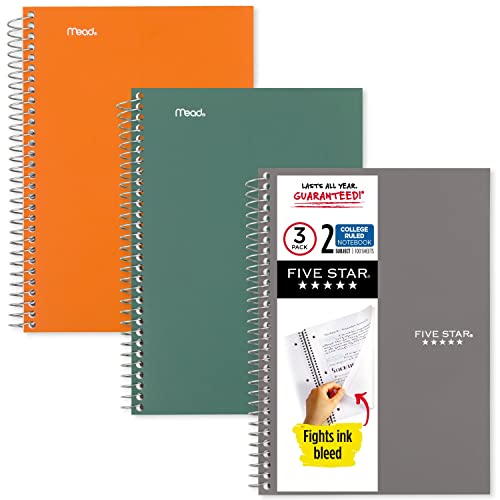 Five Star Spiral Notebooks, 2 Subject, College Ruled Paper, 100 Sheets, 6" x 9-1/2", Seaglass Green, Sedona Orange and Gray, 3 Pack (38618)