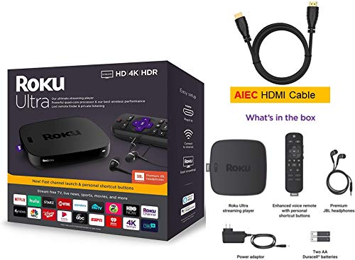 Roku Ultra Streaming Media Player 4K/HD/HDR | Premium JBL Headphones | Enhanced Voice Remote with TV Controls and Shortcuts | HDMI, Ethernet, and Micro SD Ports | 4K HDMI Cable Bundle