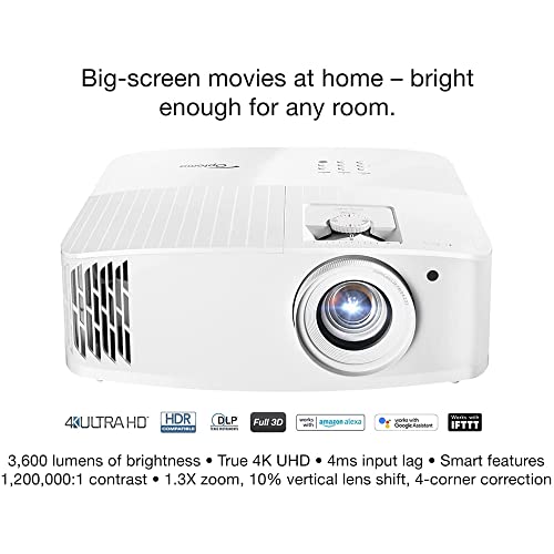 Optoma UHD55 Smart 4K UHD Home Theater Projector, White Bundle with 120" Home Theater Projector Screen