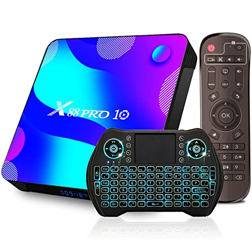 2023 Android TV Box 11.0 4GB RAM 32GB ROM RK3318 Quad-Core Cortex-A53 TV Box Android with Backlit 2.4GHz Mini Wireless Keyboard Remote Control with Touchpad Mouse Combo