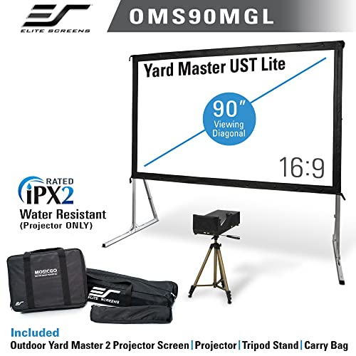 Elite Screens Yard Master UST Lite Bundle 90 inch Portable Outdoor Projector Screen with IPX2 Water Resistant Ultra Short Throw (UST) Projector Folding Movie Indoor Projection Screen OMS90MGL