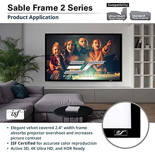 Elite Screens Sable Frame 2 Series, 180-inch Diagonal 16:9, Active 3D 4K Ultra HD Ready Fixed Frame Home Theater Movie Office Presentations Indoor Front Projection Projector Screen, ER180WH2, Black