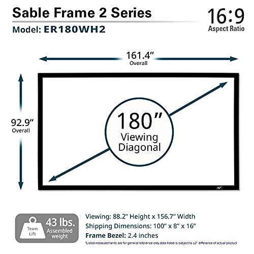 Elite Screens Sable Frame 2 Series, 180-inch Diagonal 16:9, Active 3D 4K Ultra HD Ready Fixed Frame Home Theater Movie Office Presentations Indoor Front Projection Projector Screen, ER180WH2, Black