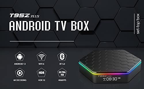 Android TV Box T95Z Plus Android 12 TV Box 2G+16G Quad-Core, WiFi6 /10-1000M LAN 64Bit BT 5.0 H.265 UHD 4K Android Box with Mini Wireless Keyboard & Remote