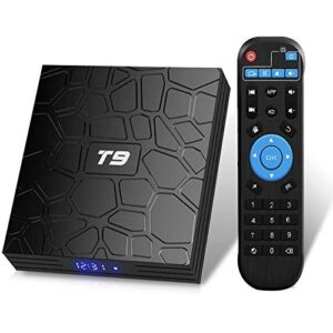 android 9.0 tv box, t9 tv box 4gb ddr3 ram 64gb rom rk3318 quad-core cortex-a53 64 bits bluetooth 4.0 support 2.4/5.0ghz dual wifi 4k 3d ultra hd h.265