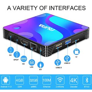 Android 11.0 TV Box, 4GB RAM 32GB ROM, Quad-Core Chip, Support Dual- WiFi 2.4G/5.8 GHZ, 4K 6K Utral HD / 3D / H.265 / HDR 10+/Bluetooth 4.2/USB 3.0/Come with Wireless Backlit Mini-Keyboard