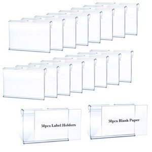 50pcs labels for storage bins plastic label clip, basket labels clip on wire shelf price label holder merchandise sign display holder, 50pcs label insert included (6x4cm)