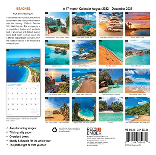 RED EMBER Beaches Jan - Dec 2023 Monthly Wall Calendar | Deluxe Edition - 5 Extra Full-Page Images & Extra Strength Hanging Hole | 12" x 24" Open | Thick & Sturdy Paper | Beautiful Tropical Vacation