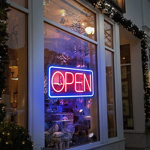 Sugarneon LED Neon Open Sign, 16.5"x 9" Open Sign for Business, Powered by USB with ON/OFF Switch, Adjustable Brightness Neon Lights for Party Bar Salon Stores Hotel Wall Decor Neon Light Sign（Blue/Red-Horizontal）