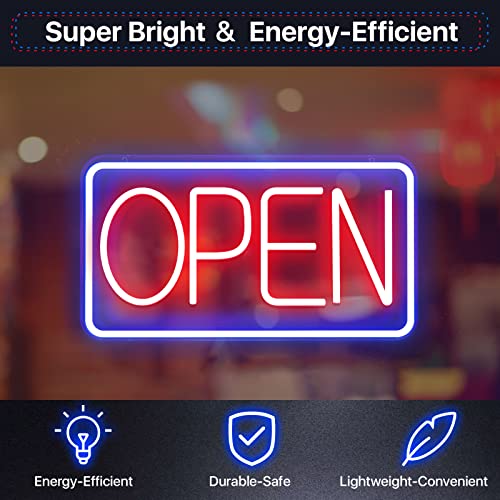 Sugarneon LED Neon Open Sign, 16.5"x 9" Open Sign for Business, Powered by USB with ON/OFF Switch, Adjustable Brightness Neon Lights for Party Bar Salon Stores Hotel Wall Decor Neon Light Sign（Blue/Red-Horizontal）