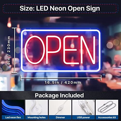 Sugarneon LED Neon Open Sign, 16.5"x 9" Open Sign for Business, Powered by USB with ON/OFF Switch, Adjustable Brightness Neon Lights for Party Bar Salon Stores Hotel Wall Decor Neon Light Sign（Blue/Red-Horizontal）