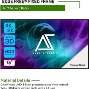 Akia Screens 145 inch Edge Free Fixed Frame Projector Screen 145" Diagonal 16:9 8K 4K Ultra HD 3D Ready CINEWHITE UHD-B Black Projection Screen for Indoor Movie Video Home Theater AK-NB145H