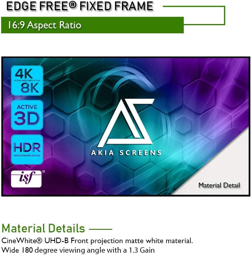 Akia Screens 145 inch Edge Free Fixed Frame Projector Screen 145" Diagonal 16:9 8K 4K Ultra HD 3D Ready CINEWHITE UHD-B Black Projection Screen for Indoor Movie Video Home Theater AK-NB145H