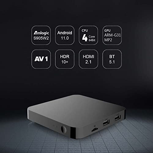 Android 11 TV Box 2GB 16GB, Smart TV Box with Amlogic S905W2 Ethernet 100M 2.4G 5G WiFi BT up to 4.2 1080P Ultra HD 4K HDR AV1 USB 2.0